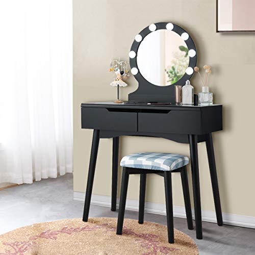 AUGESTER Vanity Set with 8 Lighted Bulbs Mirror, Makeup Dressing Table w/Replaceable and Adjustable Lights Cushioned Stool & 2 Sliding Drawers, Compact Makeup Table Chair for Bedroom   (Black)