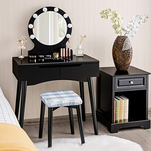 AUGESTER Vanity Set with 8 Lighted Bulbs Mirror, Makeup Dressing Table w/Replaceable and Adjustable Lights Cushioned Stool & 2 Sliding Drawers, Compact Makeup Table Chair for Bedroom   (Black)