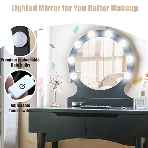 AUGESTER Vanity Set with 8 Lighted Bulbs Mirror, Makeup Dressing Table w/Replaceable and Adjustable Lights Cushioned Stool & 2 Sliding Drawers, Compact Makeup Table Chair for Bedroom   (Black)