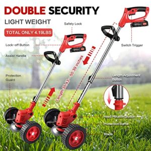 Cordless Weeder Mower Battery Powered 21V 2000mAh, Electric Weeder Brush Cutter, Height Adjustable Edge Trimmer Mini Mower 3-in-1 Cutting Tool, 8 Blades, 1 Wheel, 2 Batteries, 1 Charger