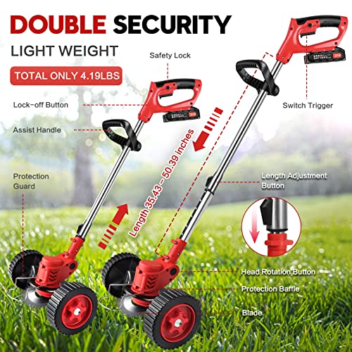 Cordless Weeder Mower Battery Powered 21V 2000mAh, Electric Weeder Brush Cutter, Height Adjustable Edge Trimmer Mini Mower 3-in-1 Cutting Tool, 8 Blades, 1 Wheel, 2 Batteries, 1 Charger