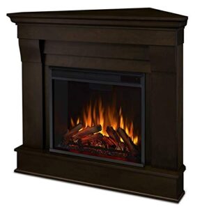 bowery hill contemporary corner electric fireplace mantel heater with remote control, adjustable led flame 1500w in dark walnut