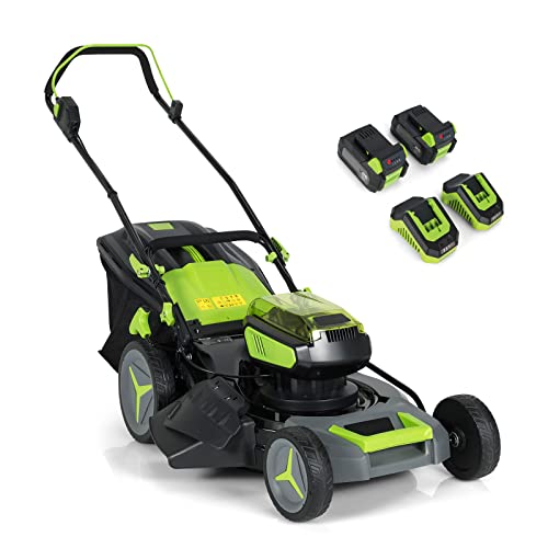 Goplus Cordless Lawn Mower, 18 Inch Electric Push Mower w/ 6 Adjustable Cutting Height, Brushless Motor, Two 4.0Ah Lithium Battery Packs & Chargers Included