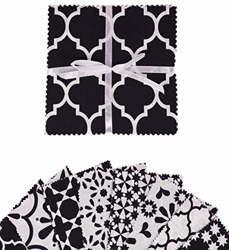 Soimoi Geometrical Stencils Print Precut 5-inch Cotton Fabric Quilting Squares Charm Pack DIY Patchwork Sewing Craft- White & Black