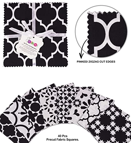 Soimoi Geometrical Stencils Print Precut 5-inch Cotton Fabric Quilting Squares Charm Pack DIY Patchwork Sewing Craft- White & Black