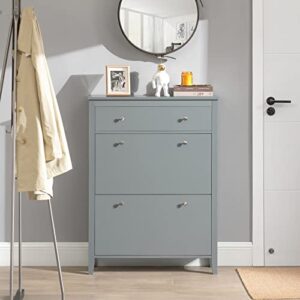 Haotian FSR89-HG, Grey Shoe Cabinet with 1 Slide Drawer & 2 Flip Drawers, Freestanding Shoe Rack, Shoe Organiazer