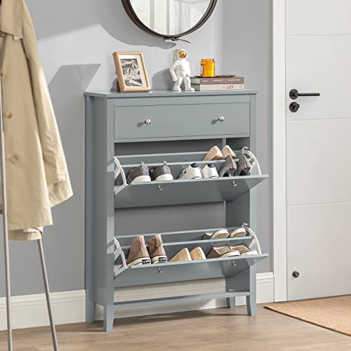 Haotian FSR89-HG, Grey Shoe Cabinet with 1 Slide Drawer & 2 Flip Drawers, Freestanding Shoe Rack, Shoe Organiazer