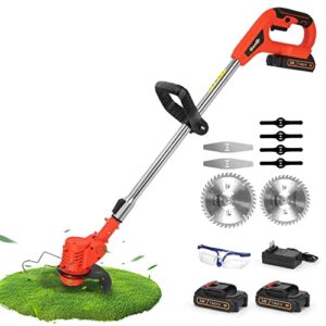 electric cordless weed wacker,24v 2ah battery powered weed eater with 2 batteries and 3 types blades,lightweight and powerful string trimmer for yard and garden(red)