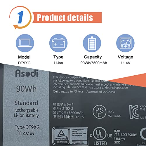 ASODI DT9XG 90Wh 6-Cell Laptop Battery Compatible with Dell Alienware Area-51m R1 R2 ALWA51M-D1968W D1969PW D1733B D1746W D1735DB D1733PB D1766W D1748DW Series 07PWKV 0KJYFY 11.4V