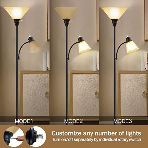 GyroVu Floor Lamp, Standing Lamp, Torchiere Floor Lamp with 8W Main Light & 6W Adjustable Reading Lamp, 2700K Eye-Caring Warm Lamps, 72" Floor Lamps for Living Room, LED Bulbs Included(Black)