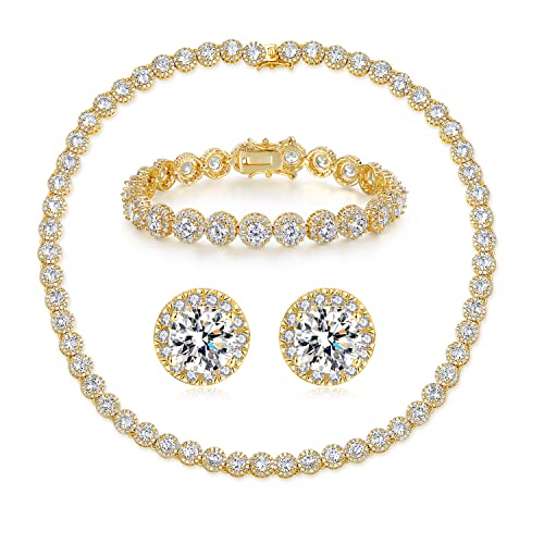 18K Gold Plated Cubic Zirconia Tennis Necklace/Bracelet/Earrings Sets for Women Men Halo Jewelry Pack of 3