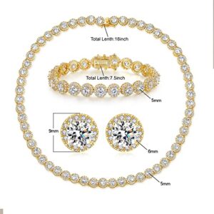 18K Gold Plated Cubic Zirconia Tennis Necklace/Bracelet/Earrings Sets for Women Men Halo Jewelry Pack of 3