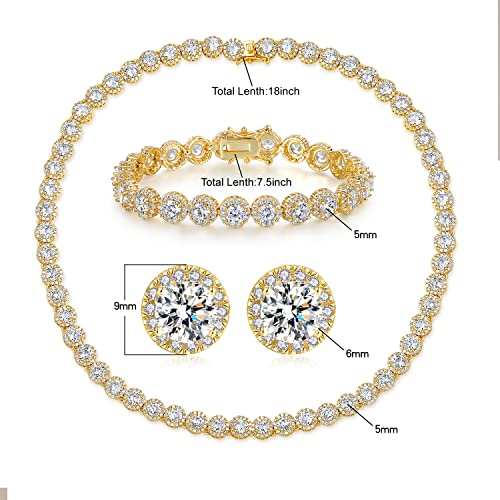 18K Gold Plated Cubic Zirconia Tennis Necklace/Bracelet/Earrings Sets for Women Men Halo Jewelry Pack of 3