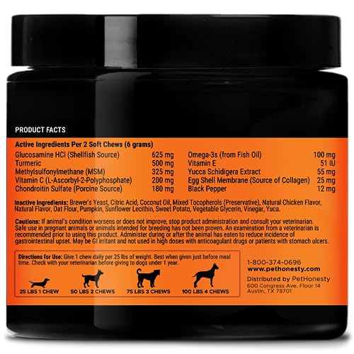 Pet Honesty Hip & Joint Health - Dog Joint Supplement Support for Dogs with Glucosamine Chondroitin, MSM, Turmeric - Glucosamine for Dogs Soft Chews - Advanced Pet Joint Support and Mobility - 2 Pack