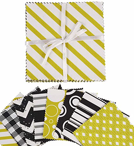 Soimoi Geometric Patterns Print Precut 5-inch Cotton Fabric Quilting Squares Charm Pack DIY Patchwork Sewing Craft- Black & Yellow