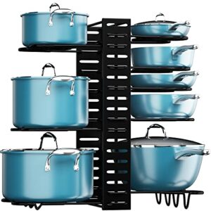 socont pot and pan organizer for cabinet, adjustable 8 tiers pans pots lid organizer rack holder with 3 diy methods, hanger stacker organizer stand for kitchen counter and cabinet