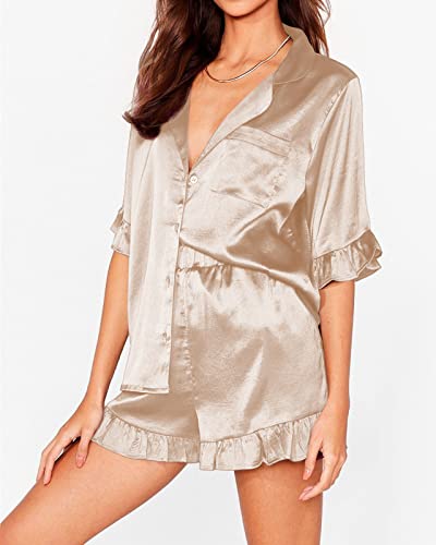 Women's Silk Satin Pajamas Set Ruffle Short Sleeve Sleepwear Button Down Two-Piece Pjs Shorts Set Loungewear Beige