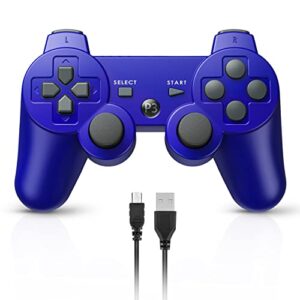 powerextra ps-3 wireless controller for play-station 3 with high performance upgraded joystick rechargeable battery double shock for ps-3 (blue)