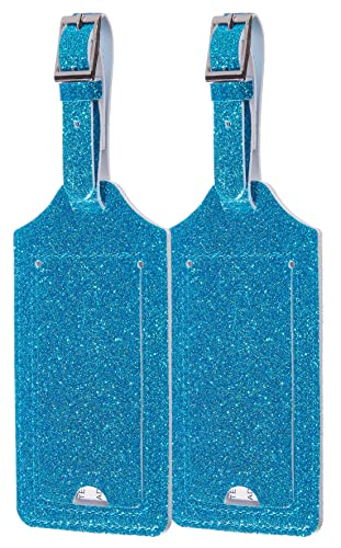 Gostwo 2 Pack Luggage Tags Leather Case Luggage Bag Tags Travel Tags(Glitter Blue)