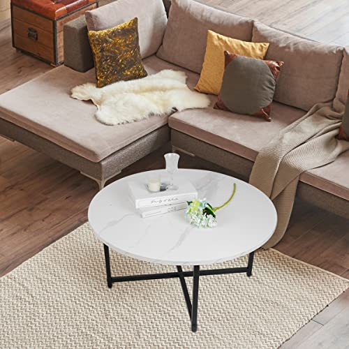 Round Coffee Table Modern Coffee Table Sofa Table Tea Table for Living Room, Office Desk, Balcony, Wood Desktop and Metal Legs,23.6inch White Marble