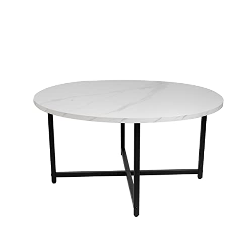 Round Coffee Table Modern Coffee Table Sofa Table Tea Table for Living Room, Office Desk, Balcony, Wood Desktop and Metal Legs,23.6inch White Marble