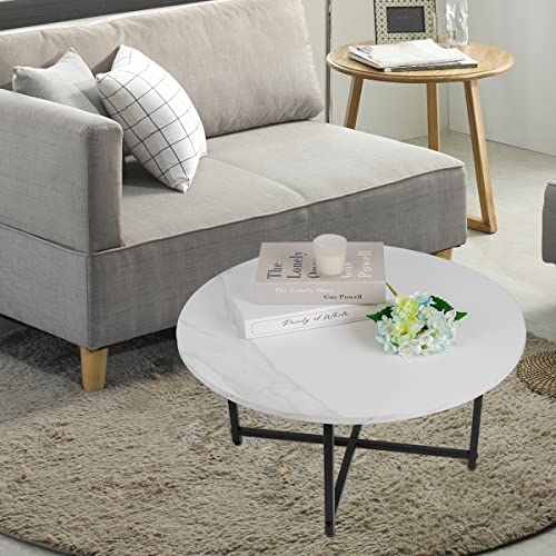 Round Coffee Table Modern Coffee Table Sofa Table Tea Table for Living Room, Office Desk, Balcony, Wood Desktop and Metal Legs,23.6inch White Marble