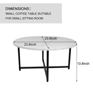 Round Coffee Table Modern Coffee Table Sofa Table Tea Table for Living Room, Office Desk, Balcony, Wood Desktop and Metal Legs,23.6inch White Marble