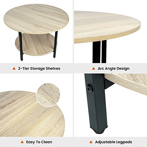 TOYSINTHEBOX Round Coffee Tables, Accent Table Sofa Table Tea Table with Storage 2-Tier for Living Room, Office Desk, Balcony, Wood Desktop and Metal Legs, White Oak 27.6 Inches