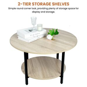 TOYSINTHEBOX Round Coffee Tables, Accent Table Sofa Table Tea Table with Storage 2-Tier for Living Room, Office Desk, Balcony, Wood Desktop and Metal Legs, White Oak 27.6 Inches