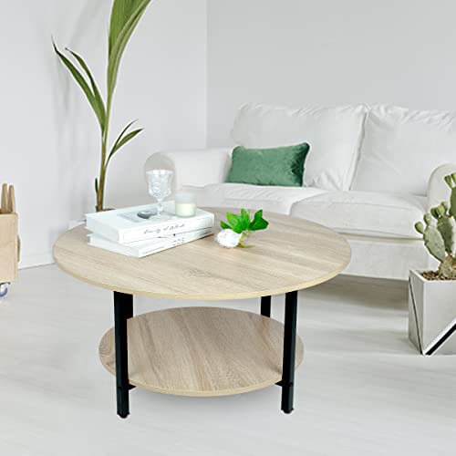 TOYSINTHEBOX Round Coffee Tables, Accent Table Sofa Table Tea Table with Storage 2-Tier for Living Room, Office Desk, Balcony, Wood Desktop and Metal Legs, White Oak 27.6 Inches