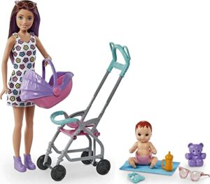 barbie skipper babysitters inc playset with doll, stroller, baby doll & 5 accessories, remove stroller seat for carrier