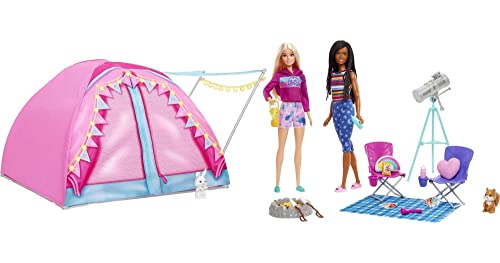 Barbie It Takes Two Dolls & 20 Accessories, Let's Go Camping Tent Playset with Brooklyn & Malibu Dolls & 2 Moving Animals