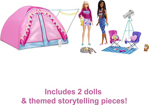 Barbie It Takes Two Dolls & 20 Accessories, Let's Go Camping Tent Playset with Brooklyn & Malibu Dolls & 2 Moving Animals