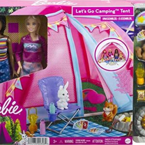 Barbie It Takes Two Dolls & 20 Accessories, Let's Go Camping Tent Playset with Brooklyn & Malibu Dolls & 2 Moving Animals