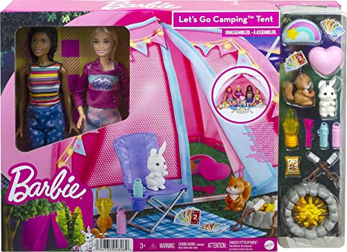 Barbie It Takes Two Dolls & 20 Accessories, Let's Go Camping Tent Playset with Brooklyn & Malibu Dolls & 2 Moving Animals