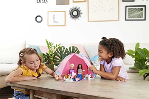 Barbie It Takes Two Dolls & 20 Accessories, Let's Go Camping Tent Playset with Brooklyn & Malibu Dolls & 2 Moving Animals