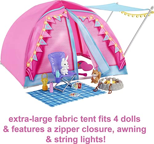 Barbie It Takes Two Dolls & 20 Accessories, Let's Go Camping Tent Playset with Brooklyn & Malibu Dolls & 2 Moving Animals