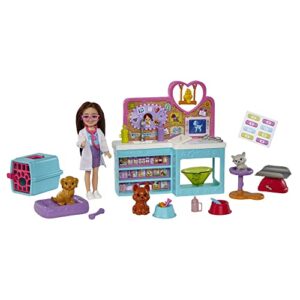 barbie chelsea can be doll & accessories, pet vet playset with brunette small doll, 4 animals & 18 pieces