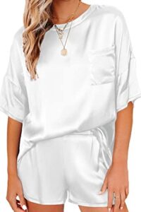 ekouaer silk loungewear set short sleeve satin sleepwear top and pajama shorts set causal pjs(pure white, medium)