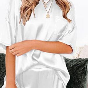 Ekouaer Silk Loungewear Set Short Sleeve Satin Sleepwear Top and Pajama Shorts Set Causal Pjs(Pure White, Medium)