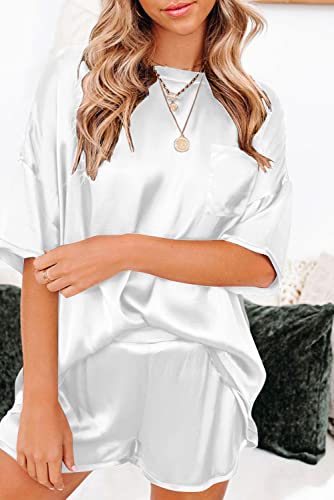 Ekouaer Silk Loungewear Set Short Sleeve Satin Sleepwear Top and Pajama Shorts Set Causal Pjs(Pure White, Medium)