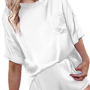 Ekouaer Silk Loungewear Set Short Sleeve Satin Sleepwear Top and Pajama Shorts Set Causal Pjs(Pure White, Medium)