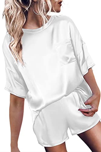 Ekouaer Silk Loungewear Set Short Sleeve Satin Sleepwear Top and Pajama Shorts Set Causal Pjs(Pure White, Medium)