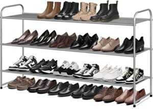 misslo long 3 tier shoe rack for closet shoe organizer storage stackable wide shoe shelf holds 24 pairs of men sneakers, women heels, boots, grey