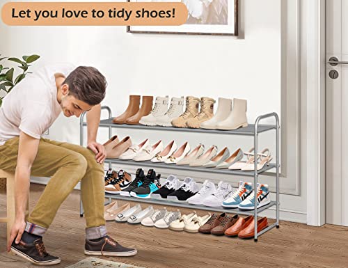 MISSLO Long 3 Tier Shoe Rack for Closet Shoe Organizer Storage Stackable Wide Shoe Shelf Holds 24 Pairs of Men Sneakers, Women Heels, Boots, Grey