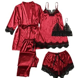 WDIRARA Women's 5 Pieces Satin Sleepwear Lace Trim Pajama Sets with Belted Robe Multicolored L