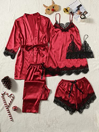 WDIRARA Women's 5 Pieces Satin Sleepwear Lace Trim Pajama Sets with Belted Robe Multicolored L