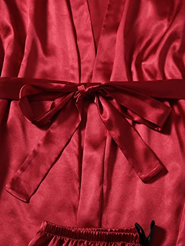 WDIRARA Women's 5 Pieces Satin Sleepwear Lace Trim Pajama Sets with Belted Robe Multicolored L