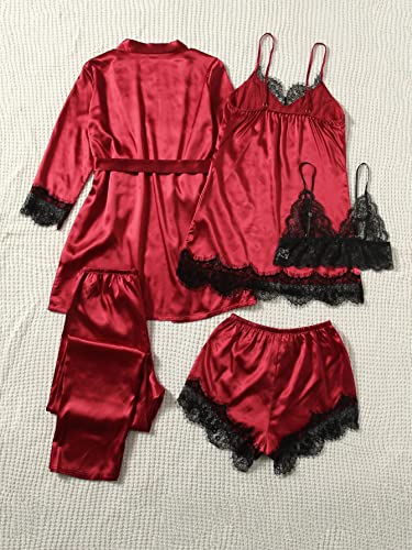 WDIRARA Women's 5 Pieces Satin Sleepwear Lace Trim Pajama Sets with Belted Robe Multicolored L