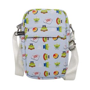 buckle down disney bag, cross body, toy story alien remix pizza planet luxo ball collage, vegan leather, pixar studios collection, 8.0" x 5.5"